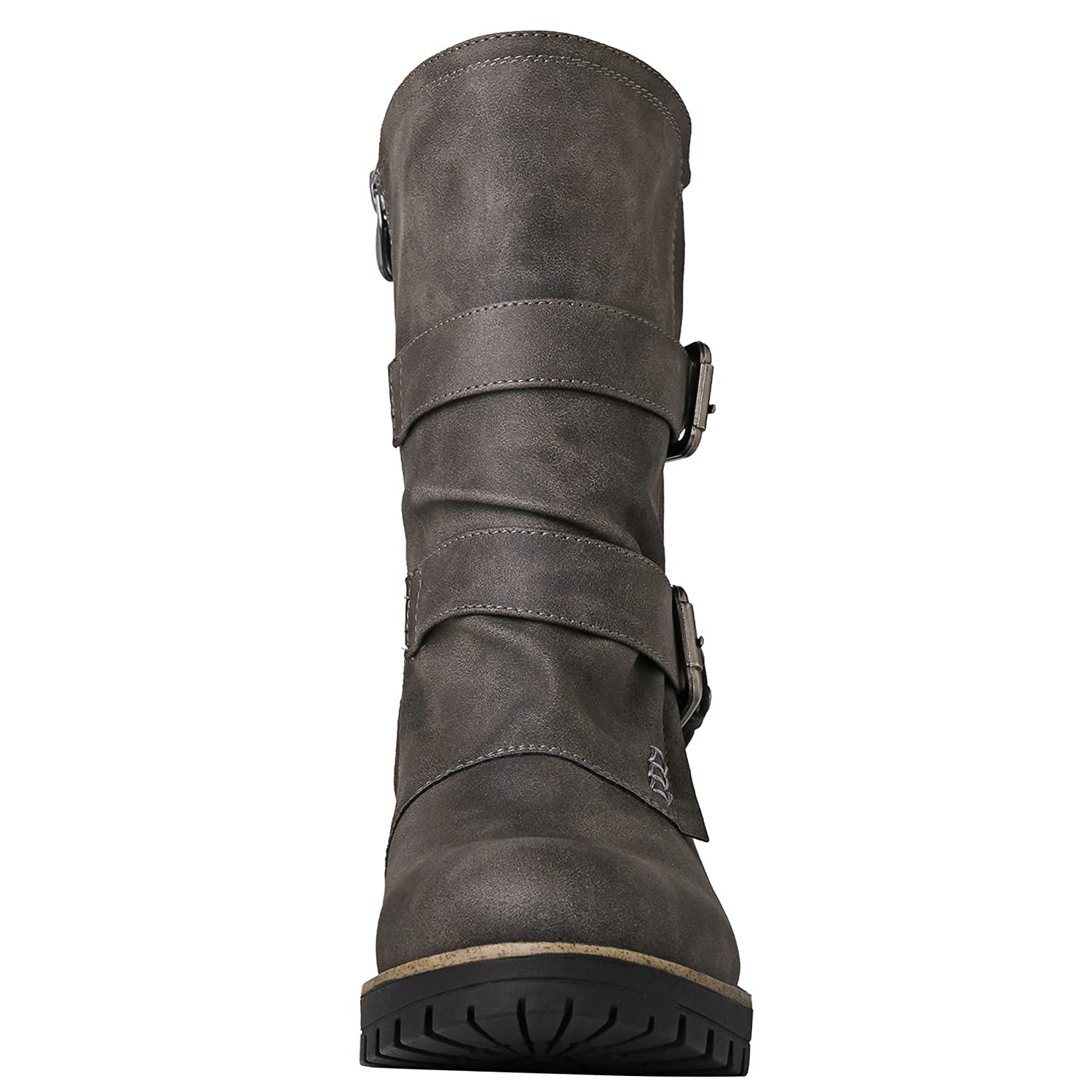 GLOBALWIN Lace up Mid Calf Motorcycle Fashion Festival Boots Combat Riding Military Boots for Women Grey Size 8