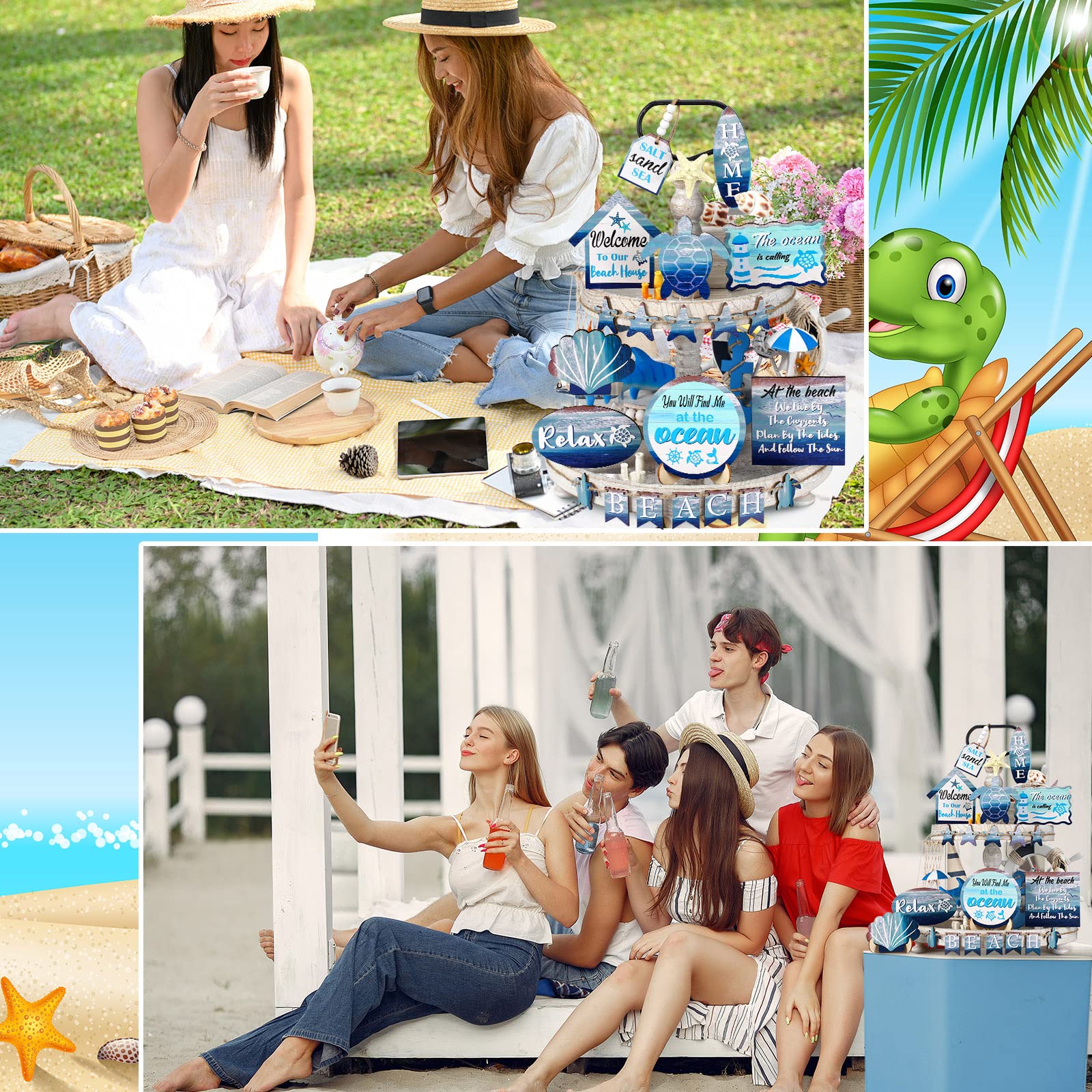 Maitys 21-Piece Hello Summer Beach Tiered Tray Decor Set - Wooden Sea Turtle Tabletop Items - Graduation & Summer Party Decoration