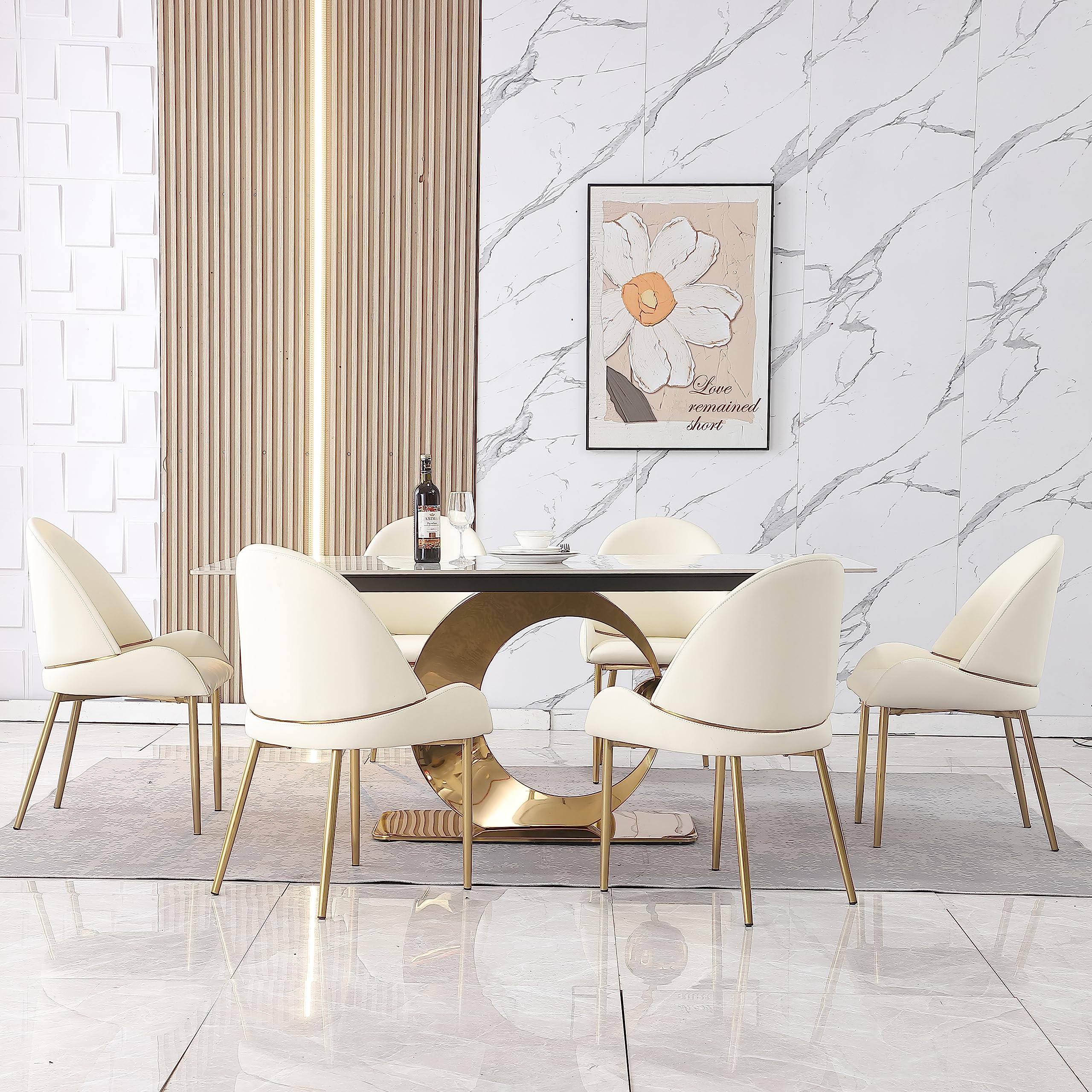 Voohek, Gold 71" Modern Sintered Stone Rectangular Dining Table with Unique C-Shaped Striped Pedestal Base and Anti-Collision Rounded Corner Design, for 6-8 People