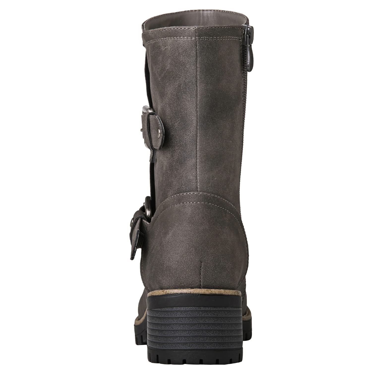 GLOBALWIN Lace up Mid Calf Motorcycle Fashion Festival Boots Combat Riding Military Boots for Women Grey Size 8