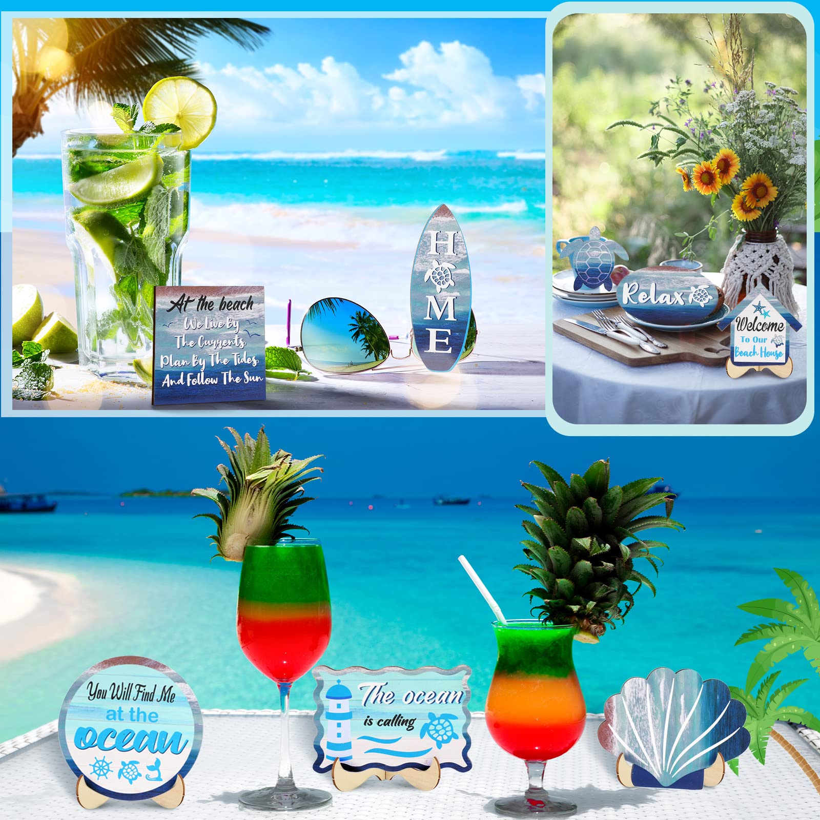 Maitys 21-Piece Hello Summer Beach Tiered Tray Decor Set - Wooden Sea Turtle Tabletop Items - Graduation & Summer Party Decoration