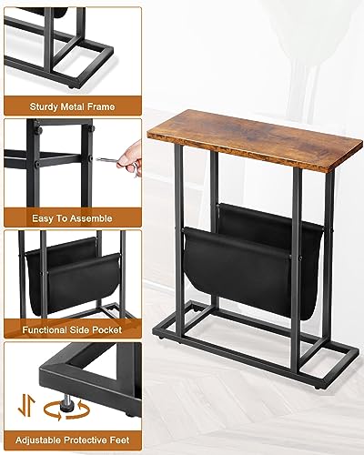MULISOFT Side Table for Small Spaces, End Table with Magazine Holder, Narrow Side Table for Living Room, Small Table with Metal Frame, Small Bedside Tables for Bedroom, Slim Couch Side Table