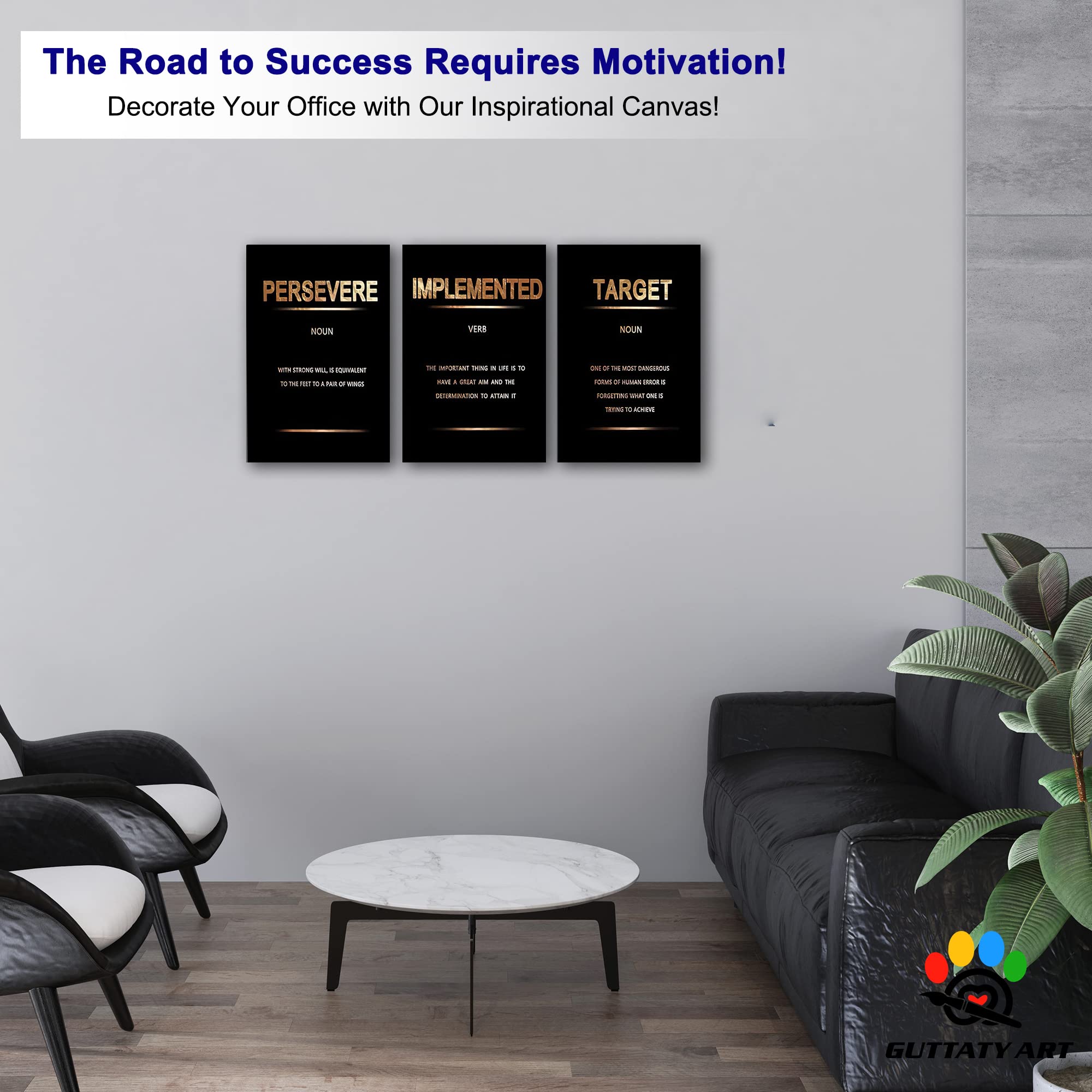 3-Panel Motivational Wall Art for Office, Inspirational Quotes Canvas Art for Home Office Wall Decor, Persevere-Implemented-Target Inspiring Affirmations Positive Words for Company Decor(12โx18โx3Pcs)