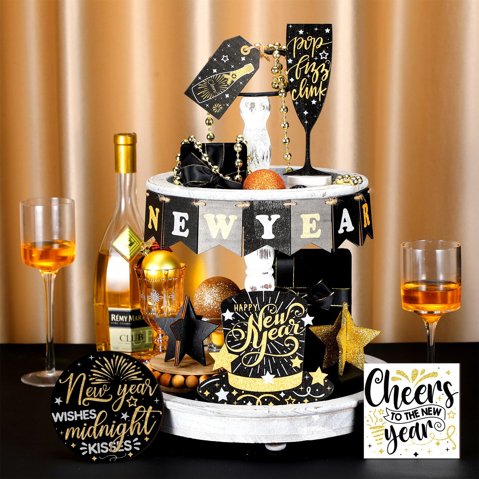 Umigy 14 Pcs Happy New Year Tiered Tray Decor 2025 Christmas Winter Table Decorations Star Formal Hat Wooden Signs New Year Rustic Decor Xmas Table Centerpieces for Home Kitchen Holiday
