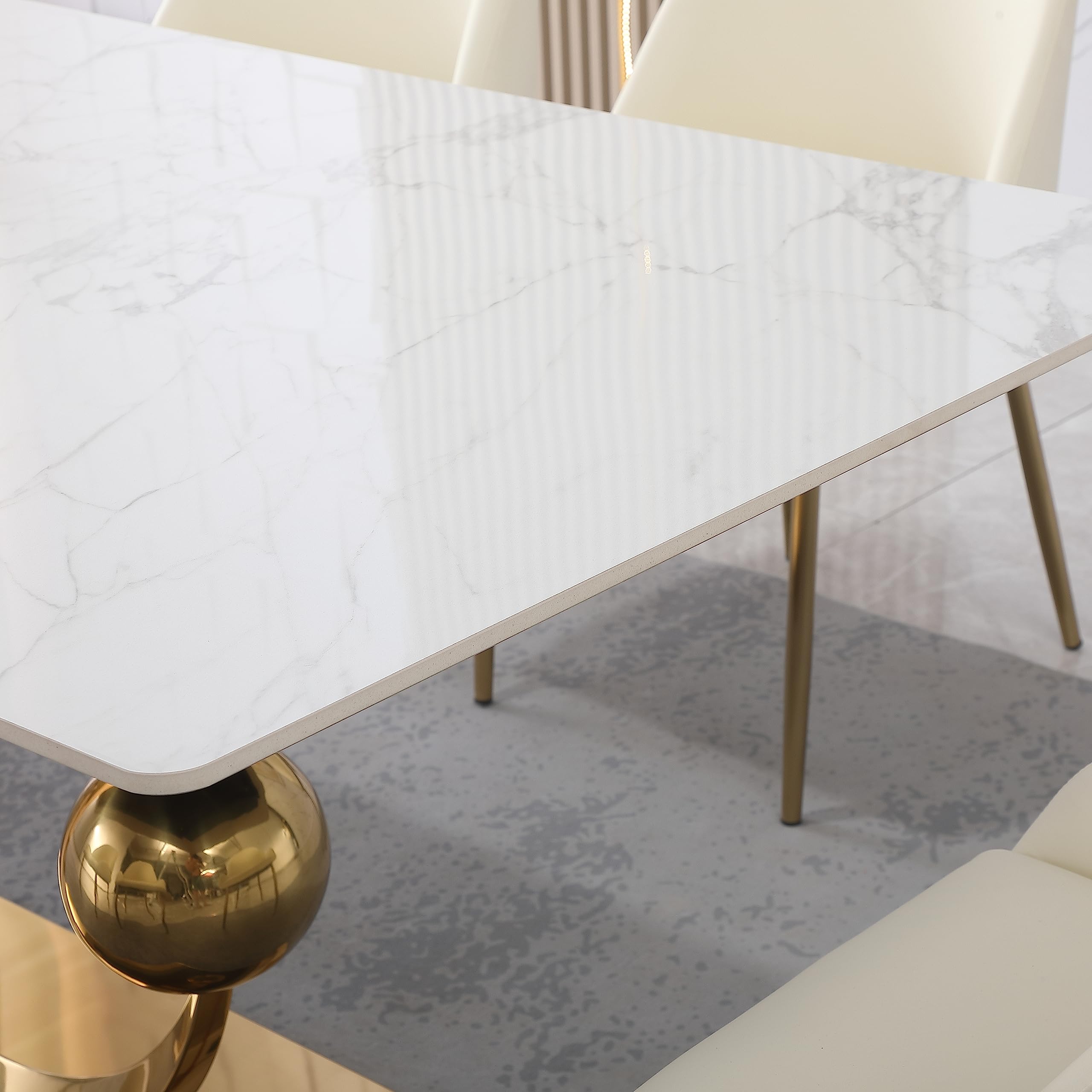 Voohek, Gold 71" Modern Sintered Stone Rectangular Dining Table with Unique C-Shaped Striped Pedestal Base and Anti-Collision Rounded Corner Design, for 6-8 People