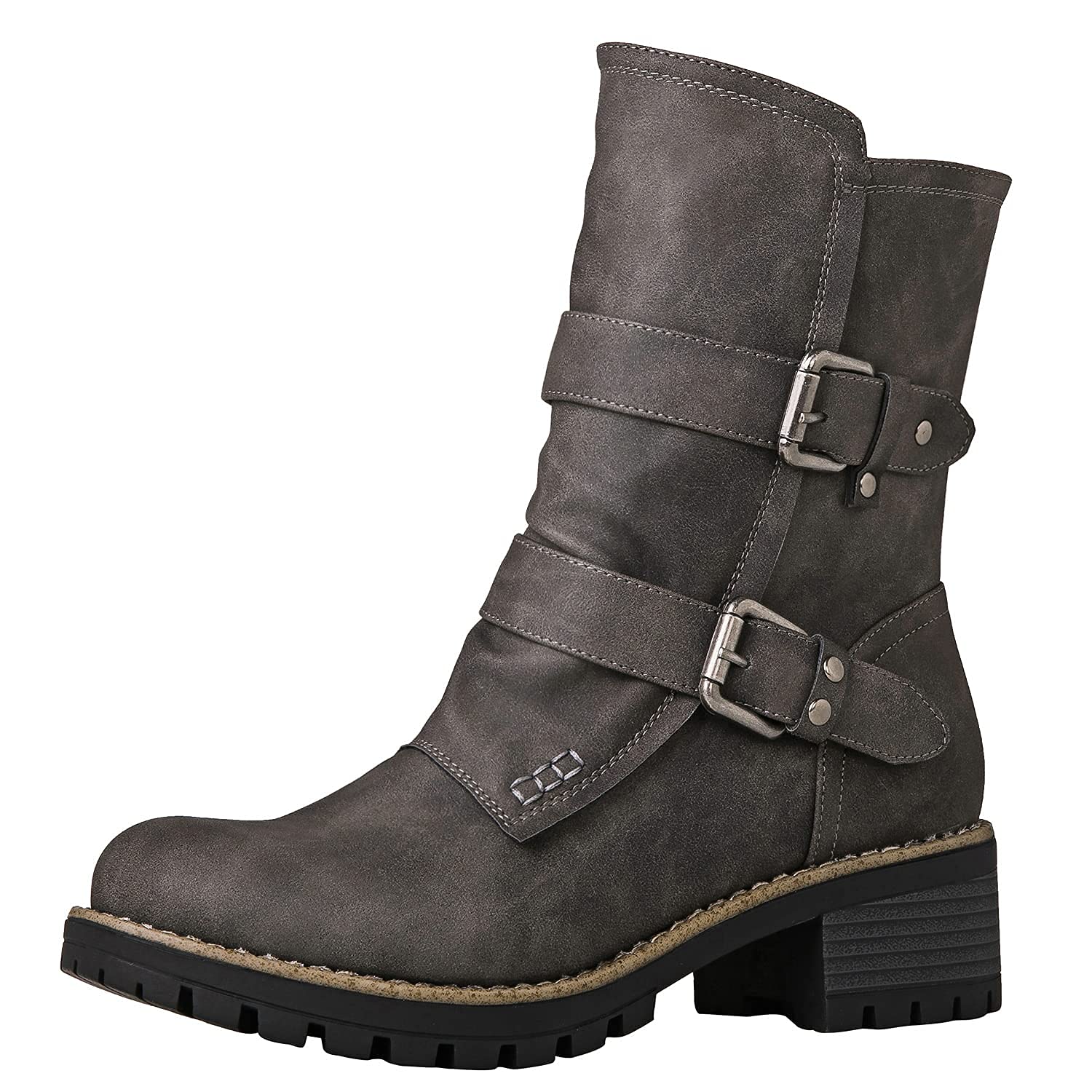 GLOBALWIN Lace up Mid Calf Motorcycle Fashion Festival Boots Combat Riding Military Boots for Women Grey Size 8