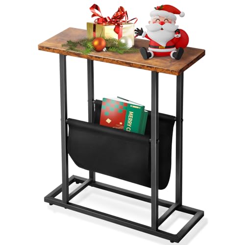 MULISOFT Side Table for Small Spaces, End Table with Magazine Holder, Narrow Side Table for Living Room, Small Table with Metal Frame, Small Bedside Tables for Bedroom, Slim Couch Side Table