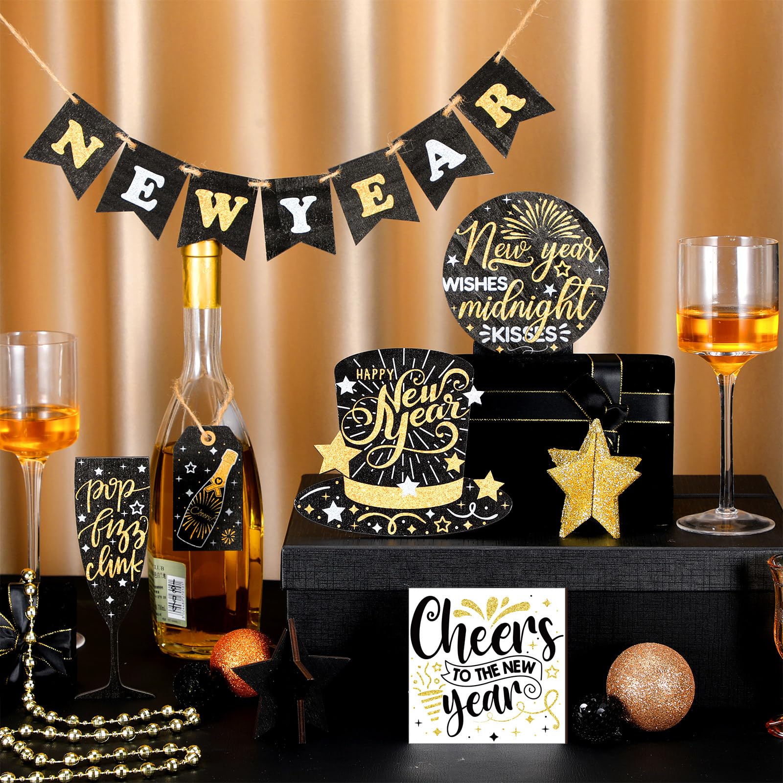 Umigy 14 Pcs Happy New Year Tiered Tray Decor 2025 Christmas Winter Table Decorations Star Formal Hat Wooden Signs New Year Rustic Decor Xmas Table Centerpieces for Home Kitchen Holiday