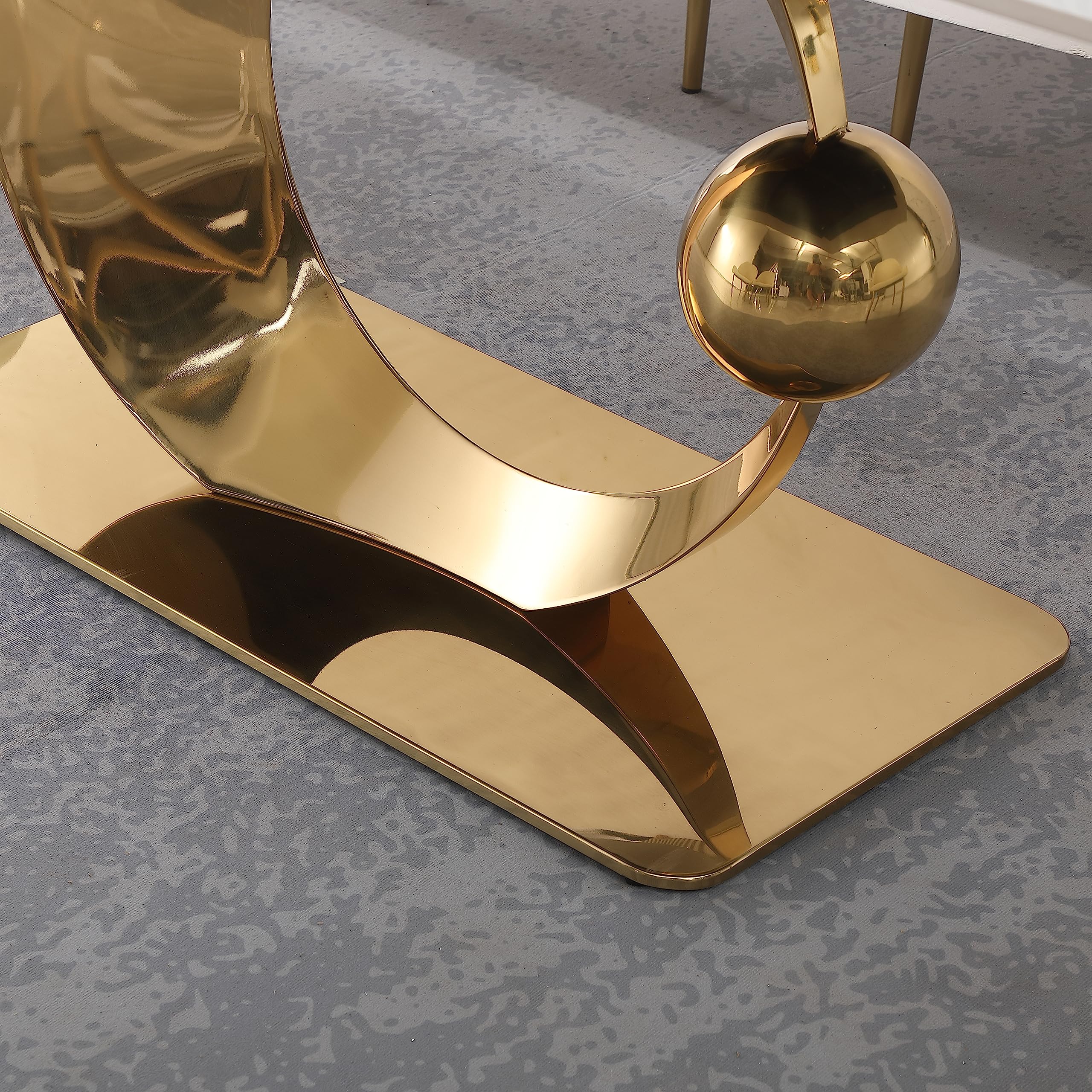 Voohek, Gold 71" Modern Sintered Stone Rectangular Dining Table with Unique C-Shaped Striped Pedestal Base and Anti-Collision Rounded Corner Design, for 6-8 People