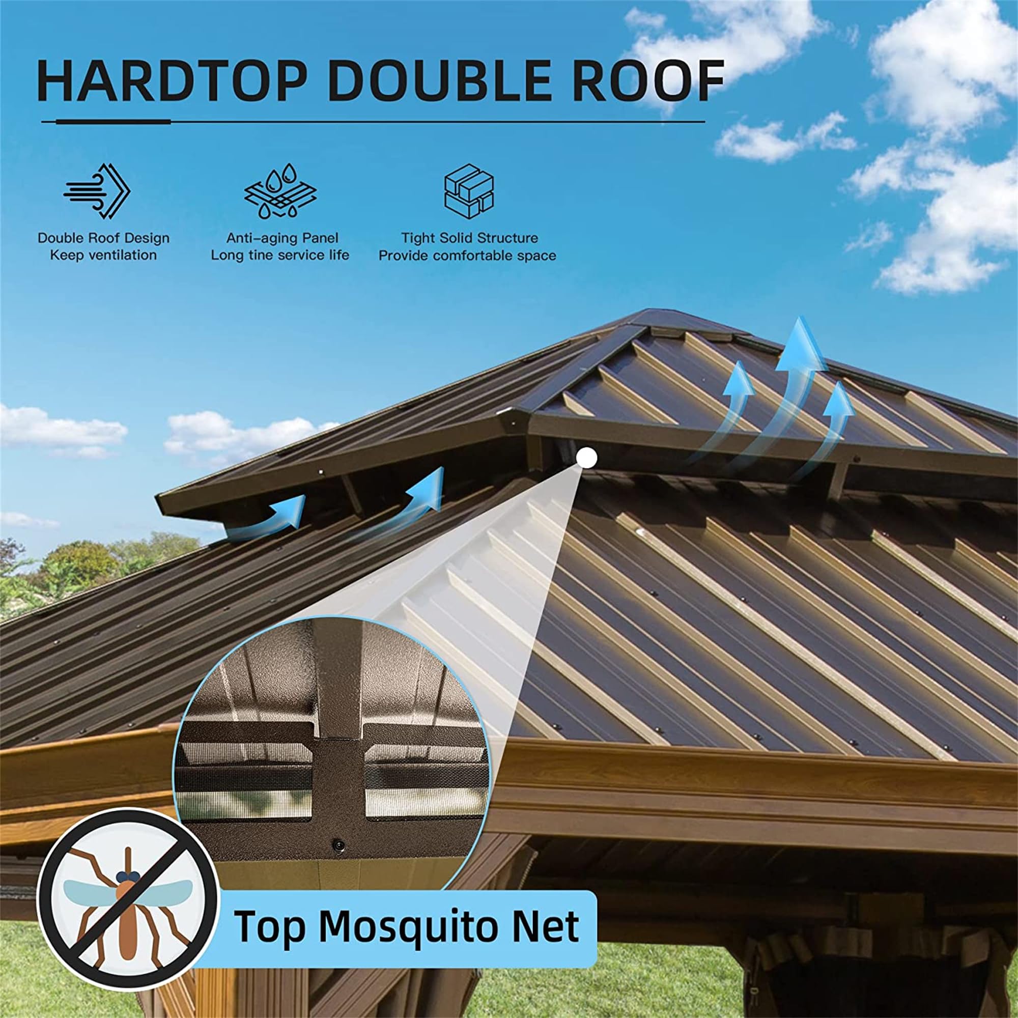 DHPM 12x12FT Hardtop Gazebo with Galvanized Steel Double Roof, Outdoor Metal-Look Aluminum Frame Canopy with Netting and Removable Zippered Curtains, Pergolas for Patio, Garden, Lawn and Backyard