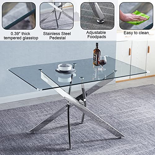 63" Glass Dining Table for 6, Rectangular Glass Dining Room Table with 0.39" Tempered Glasstop & Silver Stainless Steel Pedestal Base, Modern Dining Table for Kitchen Dining Living Room