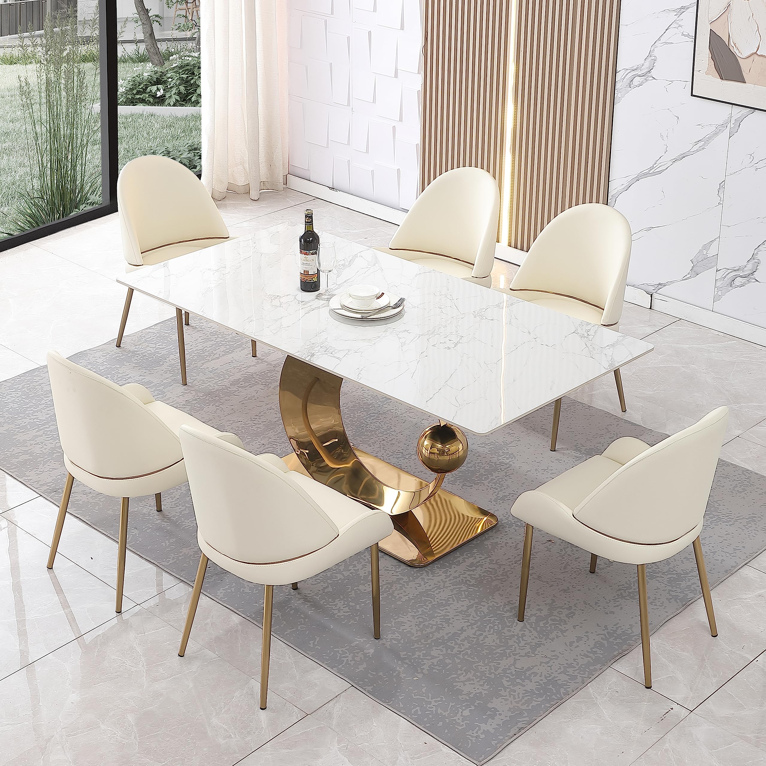 Voohek, Gold 71" Modern Sintered Stone Rectangular Dining Table with Unique C-Shaped Striped Pedestal Base and Anti-Collision Rounded Corner Design, for 6-8 People