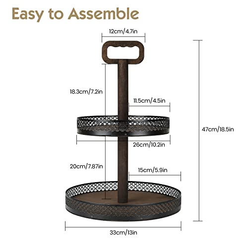 WeGXY Two Tiered Tray, Black Walnut Tiered Tray Stand,Farmhouse 2 Tier Tray,Wooden Rustic and Metal Lace Tiered Tray for Home Kitchen