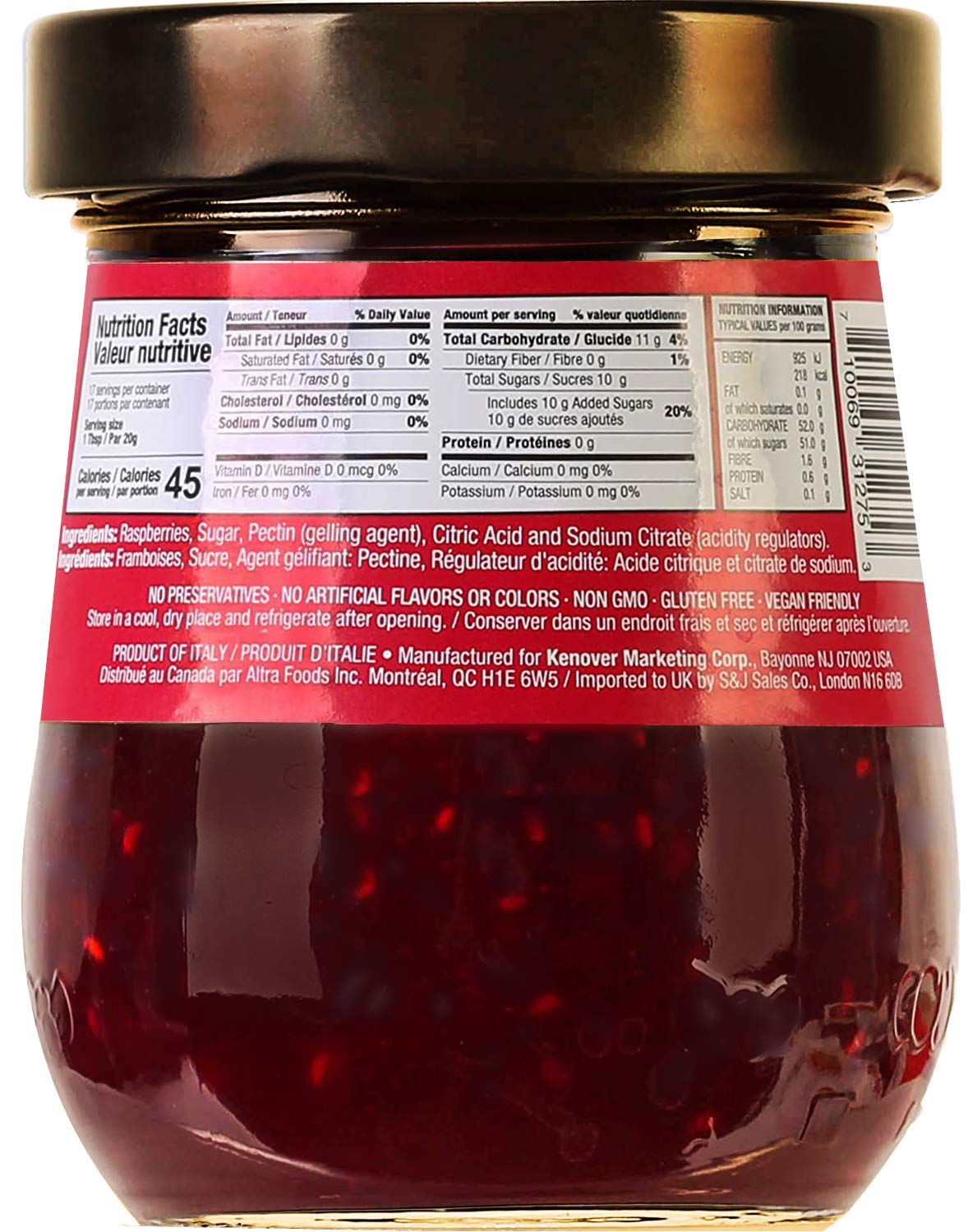 Tuscanini Premium Italian Raspberry Preserves, 11.64 oz Jar, Spreadable Fruit Jam, No High Fructose Corn Syrup, No Preservatives, Non GMO, Gluten Free