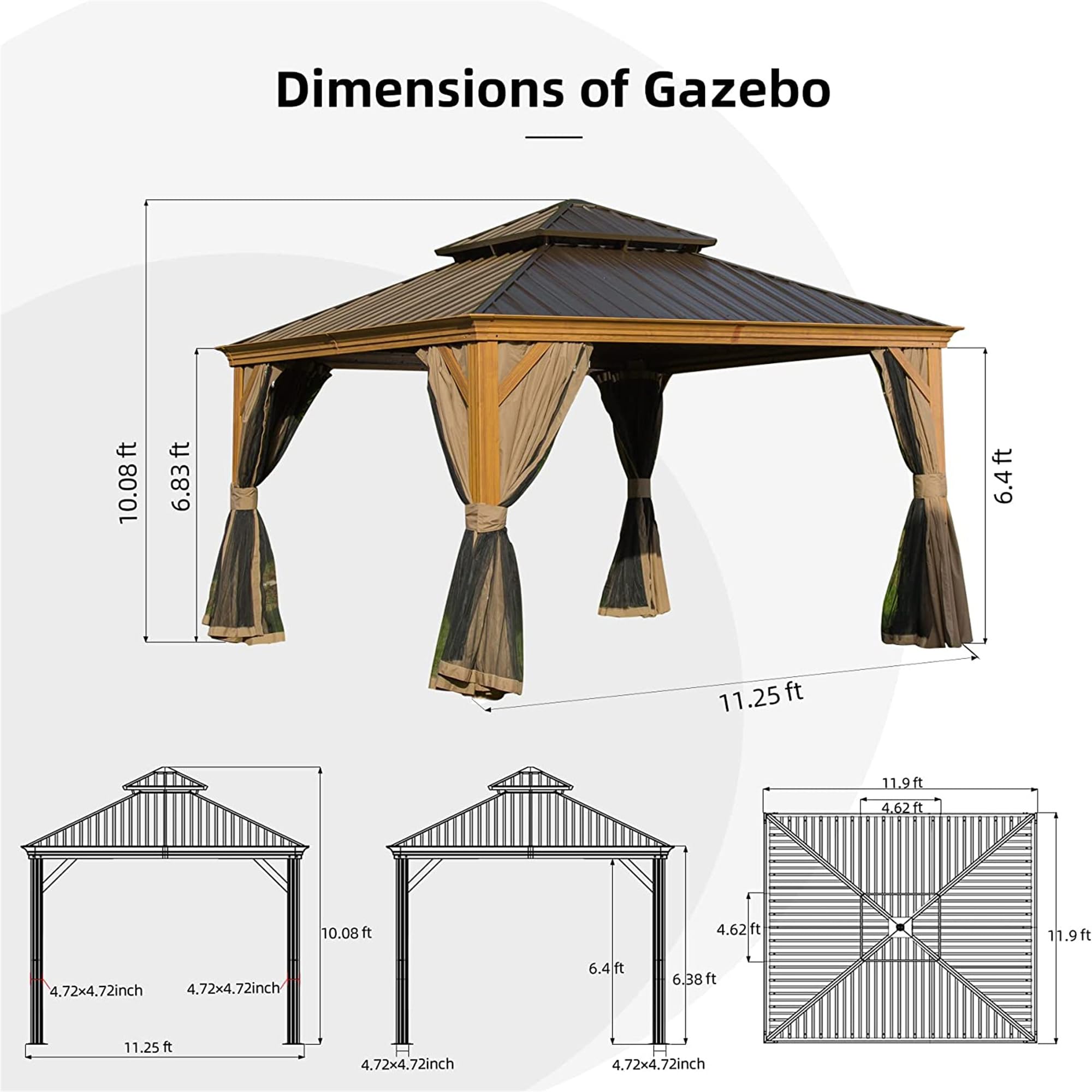 DHPM 12x12FT Hardtop Gazebo with Galvanized Steel Double Roof, Outdoor Metal-Look Aluminum Frame Canopy with Netting and Removable Zippered Curtains, Pergolas for Patio, Garden, Lawn and Backyard