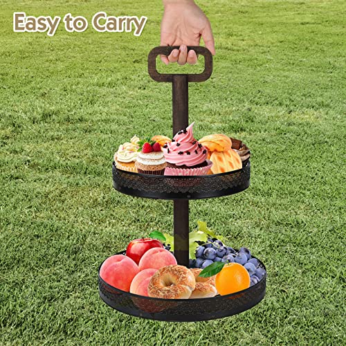 WeGXY Two Tiered Tray, Black Walnut Tiered Tray Stand,Farmhouse 2 Tier Tray,Wooden Rustic and Metal Lace Tiered Tray for Home Kitchen