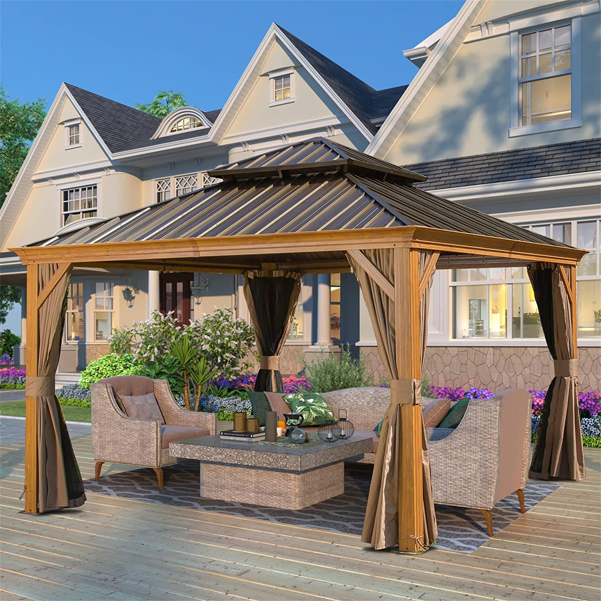 DHPM 12x12FT Hardtop Gazebo with Galvanized Steel Double Roof, Outdoor Metal-Look Aluminum Frame Canopy with Netting and Removable Zippered Curtains, Pergolas for Patio, Garden, Lawn and Backyard