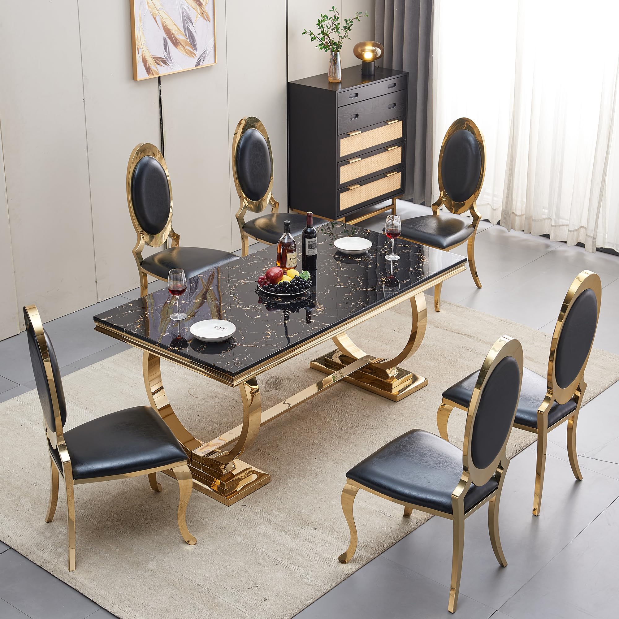 Maotifeys 70" Black Marble Dining Table, Rectangle Marble Top Dining Table for 6-8 Person, Gold U-Shape Stainless Steel Pedestal Dining Table, Mid Century Modern Dining Table for Dining Room Kitchen