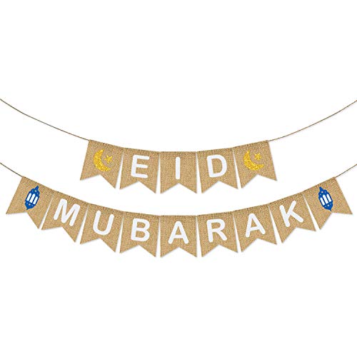 Eid Mubarak Banner Burlap - Eid Mubarak Decoration - Eid Mubarak Party Supplies - Rustic Eid Mubarak Banner Bunting for Mantle Fireplace - Eid Mubarak Outdoor Indoor Hanging Decor