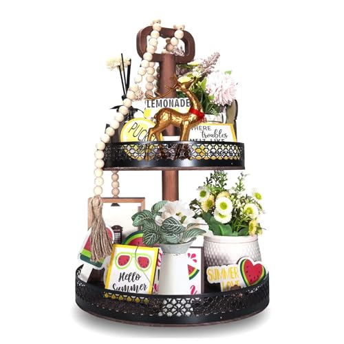 WeGXY Two Tiered Tray, Black Walnut Tiered Tray Stand,Farmhouse 2 Tier Tray,Wooden Rustic and Metal Lace Tiered Tray for Home Kitchen