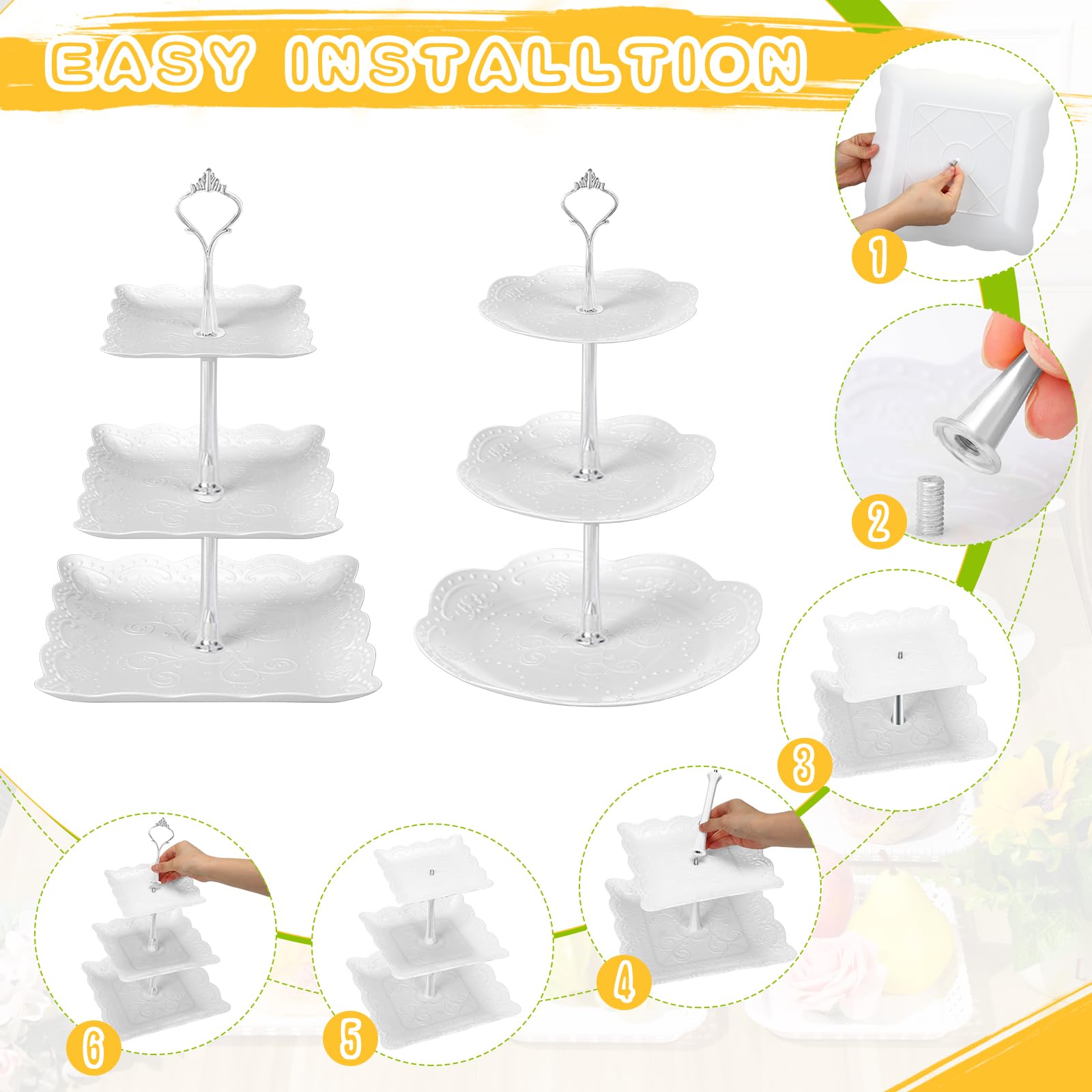 Zhehao 15 Pcs Dessert Table Display Set Tiered Cupcake Stands Serving Tray Plastic 2 Tier 3 Tier Cake Stands Round Cake Stand Candy Fruit Display Tower for Wedding Birthday Party (Silver, White)