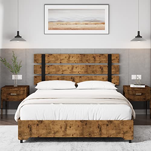 Queen Bed Frame with 4 Storage Drawers, Rustic Wooden Headboard and Footboard Platform Bed Frame with Strong Wood Slats and 9 Metal Legs Support, No Box Spring Needed, Easy Assembly, Vintage Brown