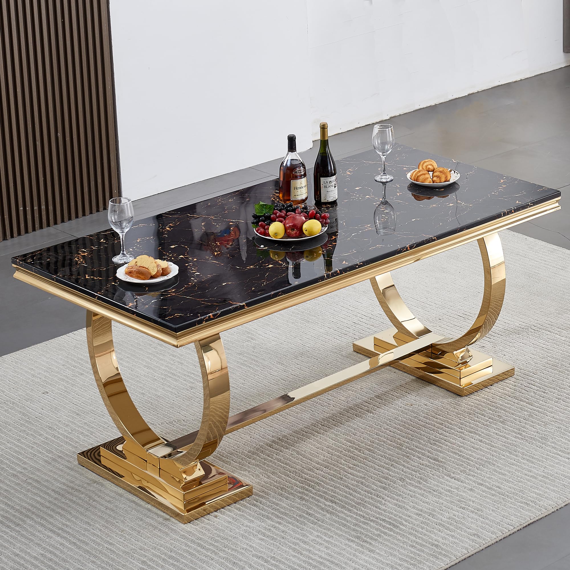 Maotifeys 70" Black Marble Dining Table, Rectangle Marble Top Dining Table for 6-8 Person, Gold U-Shape Stainless Steel Pedestal Dining Table, Mid Century Modern Dining Table for Dining Room Kitchen