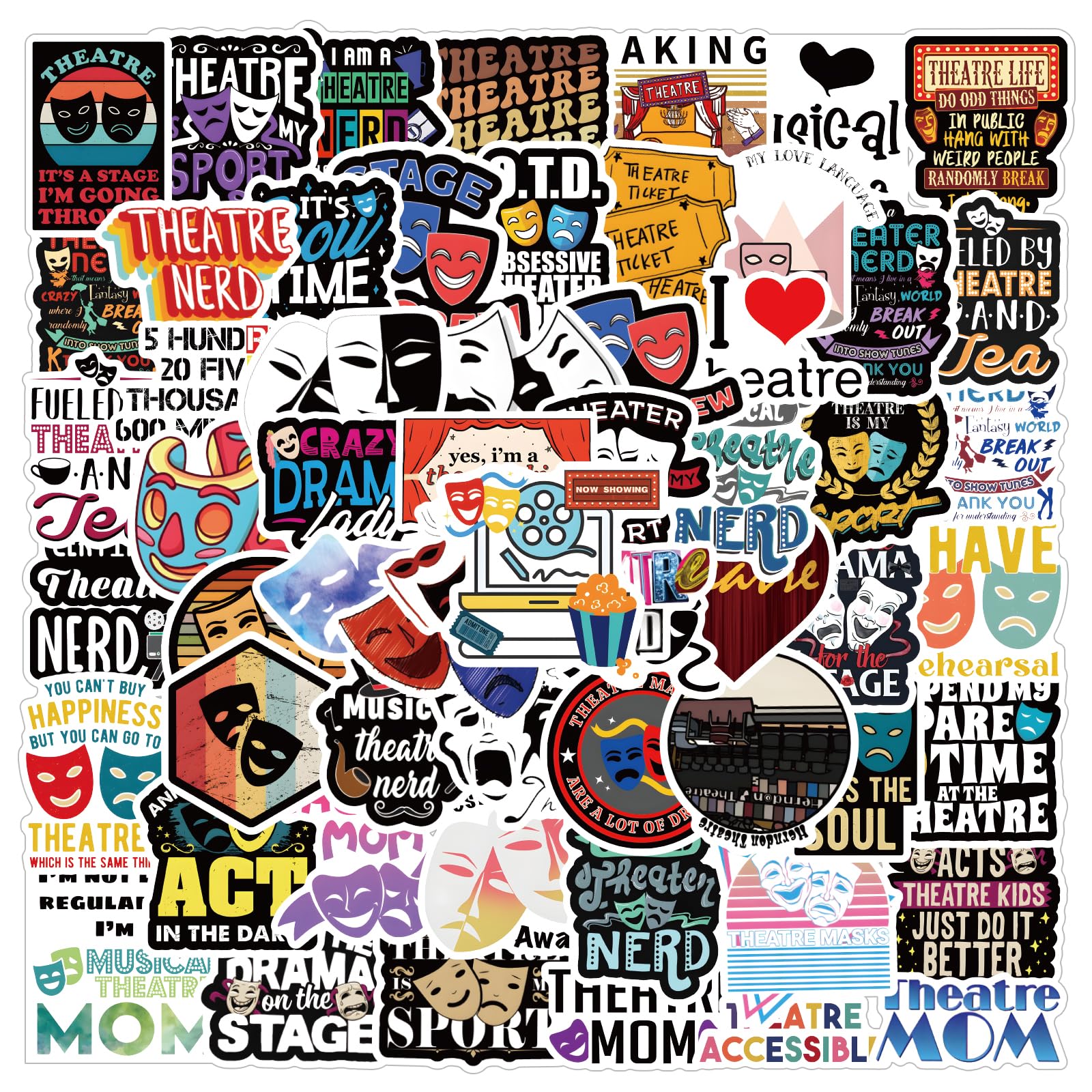 63Pcs Theater Stickers Graffiti Aesthetics Waterproof Vinyl for Kids Girls Boys Teens Adults for Water Bottles Laptop Suitcase for Birthday Party Supplies Halloween Decoration Favors