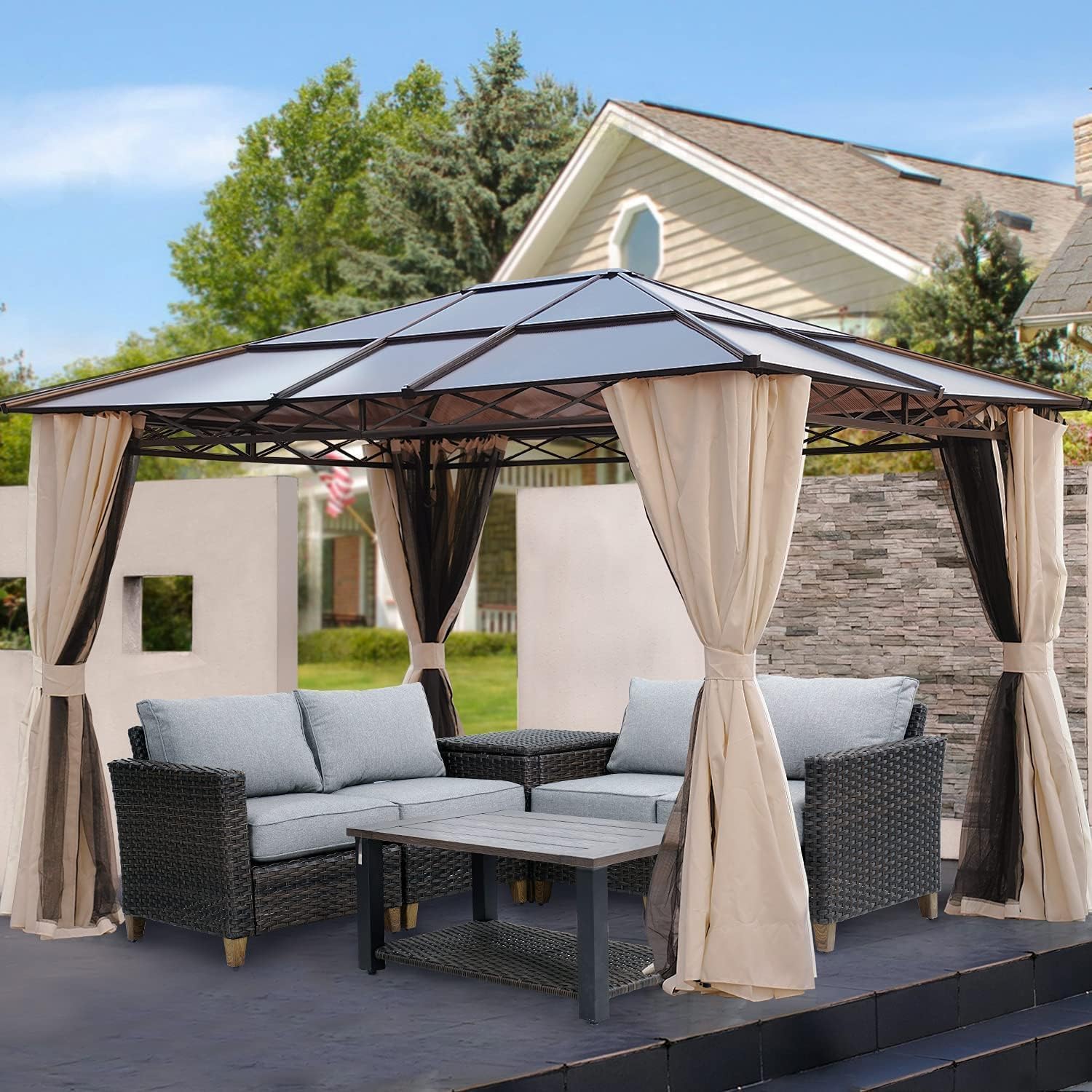 Grand patio 10x12 Hardtop Gazebo, Single Roof Pergolas Metal Aluminum Frame UV 50+ Outdoor Canopy with Mosquito Netting and Curtains, Outdoor Shelter for Garden, Lawn, Backyard