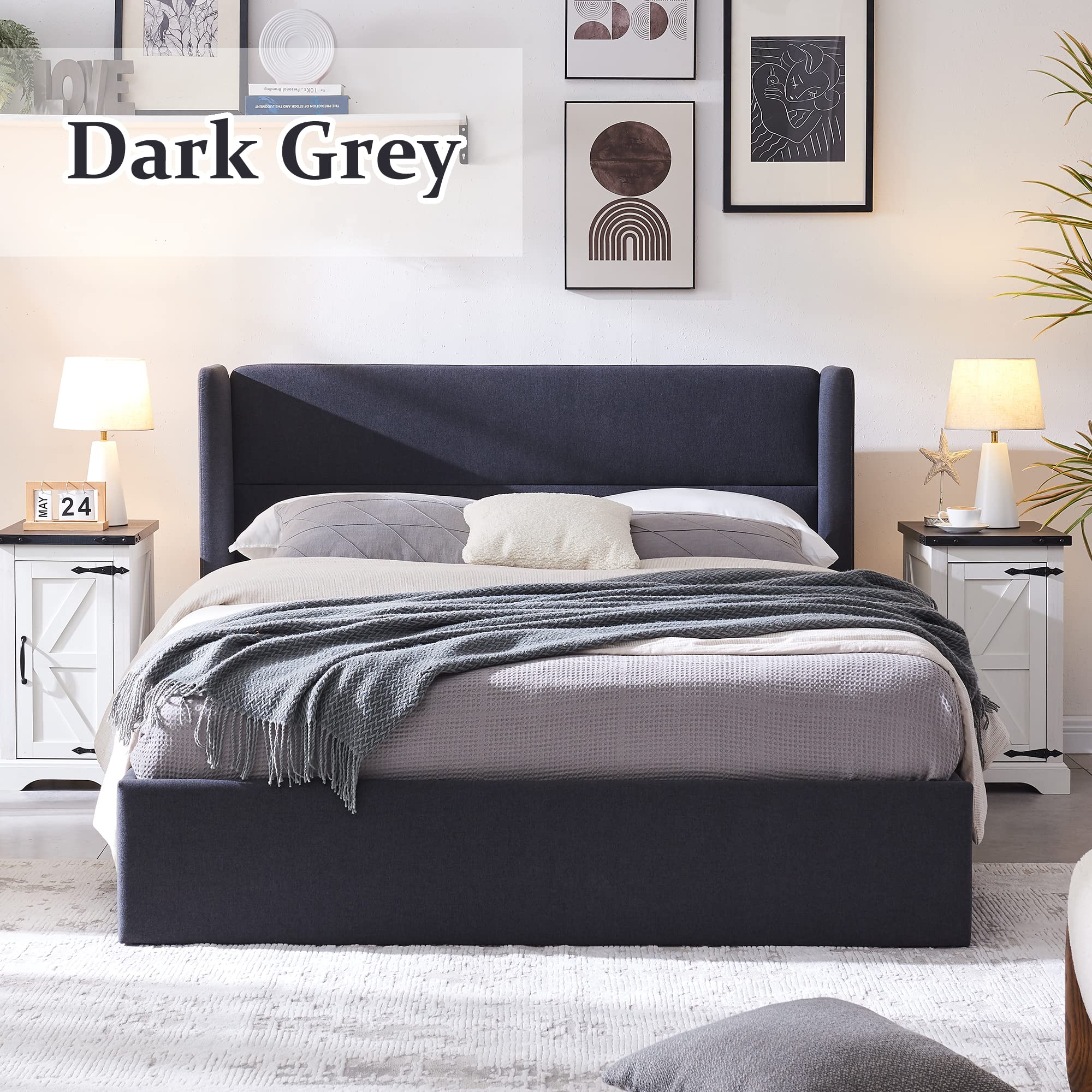 Zanmintaobo Queen Bed Frame with Storage, Upholstered Platform Bed with Lift up Hydraulic System, Linen Fabric Wingback Headboard, Wood Slats Support, Easy Assembly, No Box Spring Needed, Dark Grey