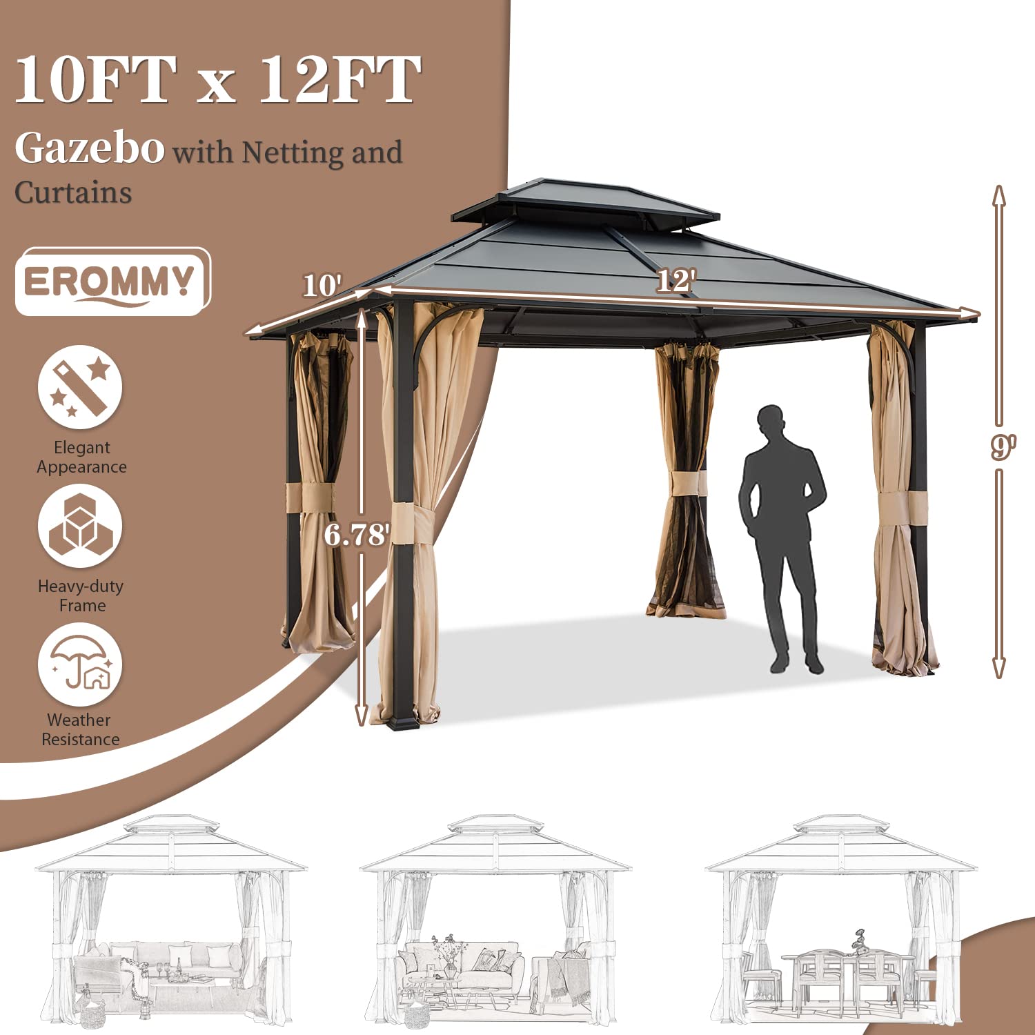 EROMMY 10'x12' Hardtop Gazebo, Galvanized Steel Double Roof with Anti-Rust Coating Frame, Waterproof Canopy with Curtains and Netting for Patios, Gardens, Lawns, and Backyard