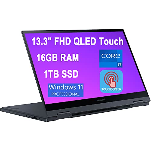 Samsung Galaxy Book Flex2 13 2-in-1 Laptop 13.3" FHD QLED Touchscreen (400nits) 11th Gen Intel Quad-Core i7-1165G7 16GB RAM 1TB SSD Iris Xe Graphics Backlit Fingerprint USB-C Win11 Pro Black