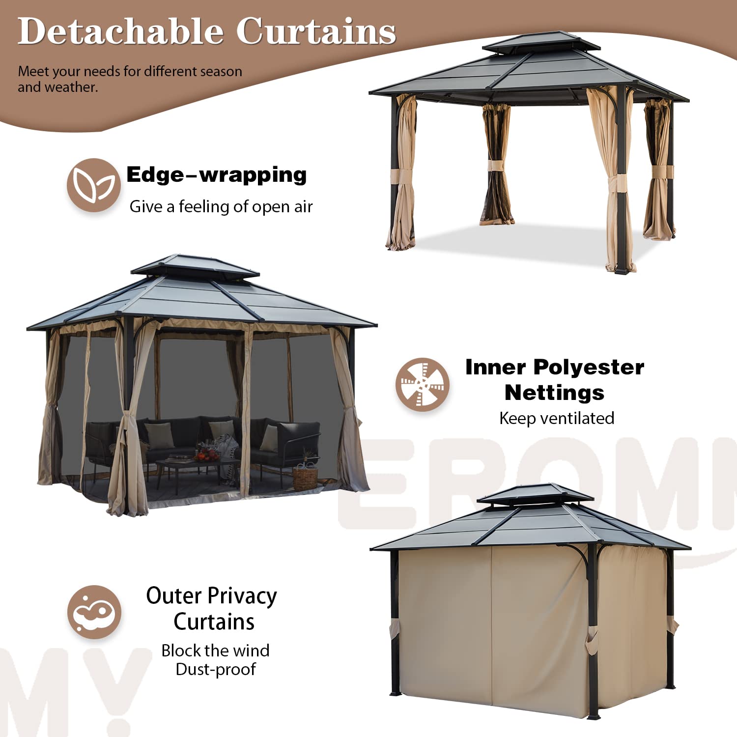 EROMMY 10'x12' Hardtop Gazebo, Galvanized Steel Double Roof with Anti-Rust Coating Frame, Waterproof Canopy with Curtains and Netting for Patios, Gardens, Lawns, and Backyard