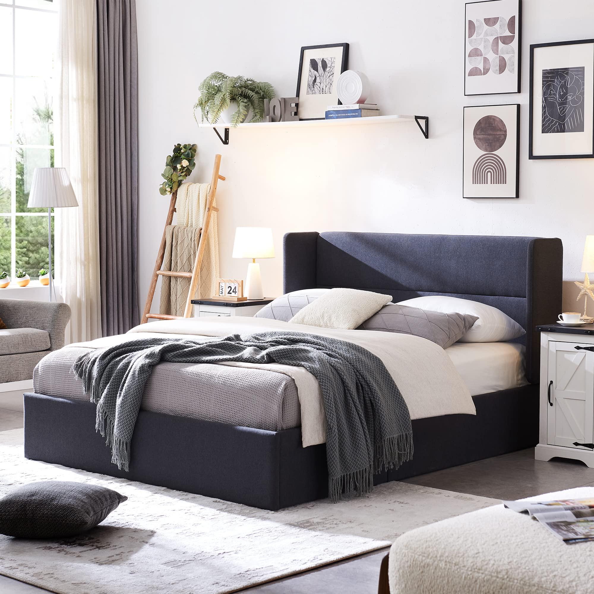 Zanmintaobo Queen Bed Frame with Storage, Upholstered Platform Bed with Lift up Hydraulic System, Linen Fabric Wingback Headboard, Wood Slats Support, Easy Assembly, No Box Spring Needed, Dark Grey