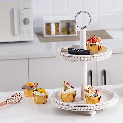 GenMous & Co. Rustic Wood Beaded 2 Tiered Tray Stand For Farmhouse Kitchen Table Decor, Rustic White Two Tiered Serving Tray For Food Fruits Cupcakes Display Coffee Bar Home Party Seasonal Decorations