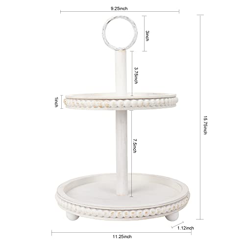GenMous & Co. Rustic Wood Beaded 2 Tiered Tray Stand For Farmhouse Kitchen Table Decor, Rustic White Two Tiered Serving Tray For Food Fruits Cupcakes Display Coffee Bar Home Party Seasonal Decorations