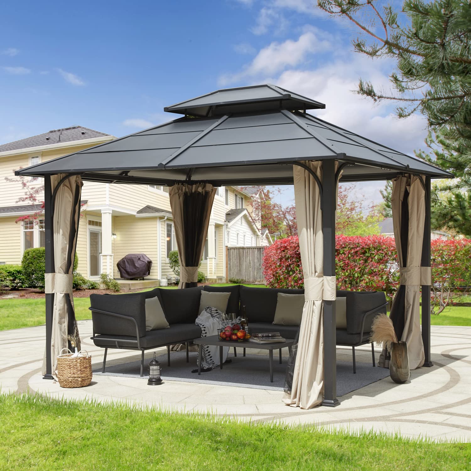 EROMMY 10'x12' Hardtop Gazebo, Galvanized Steel Double Roof with Anti-Rust Coating Frame, Waterproof Canopy with Curtains and Netting for Patios, Gardens, Lawns, and Backyard