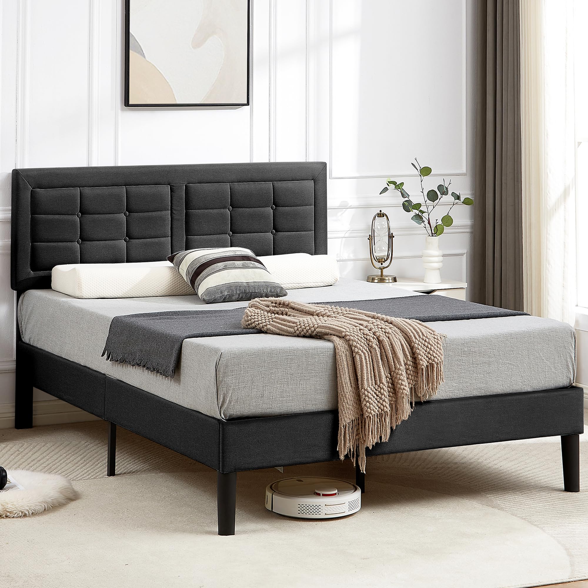 VECELO Queen Size Bed Frame with Adjustable Headboard, Upholstered Button Tufted Platform Bedframe with Wood Slats Support, No Box Spring Needed, Grey