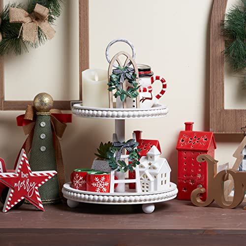 GenMous & Co. Rustic Wood Beaded 2 Tiered Tray Stand For Farmhouse Kitchen Table Decor, Rustic White Two Tiered Serving Tray For Food Fruits Cupcakes Display Coffee Bar Home Party Seasonal Decorations