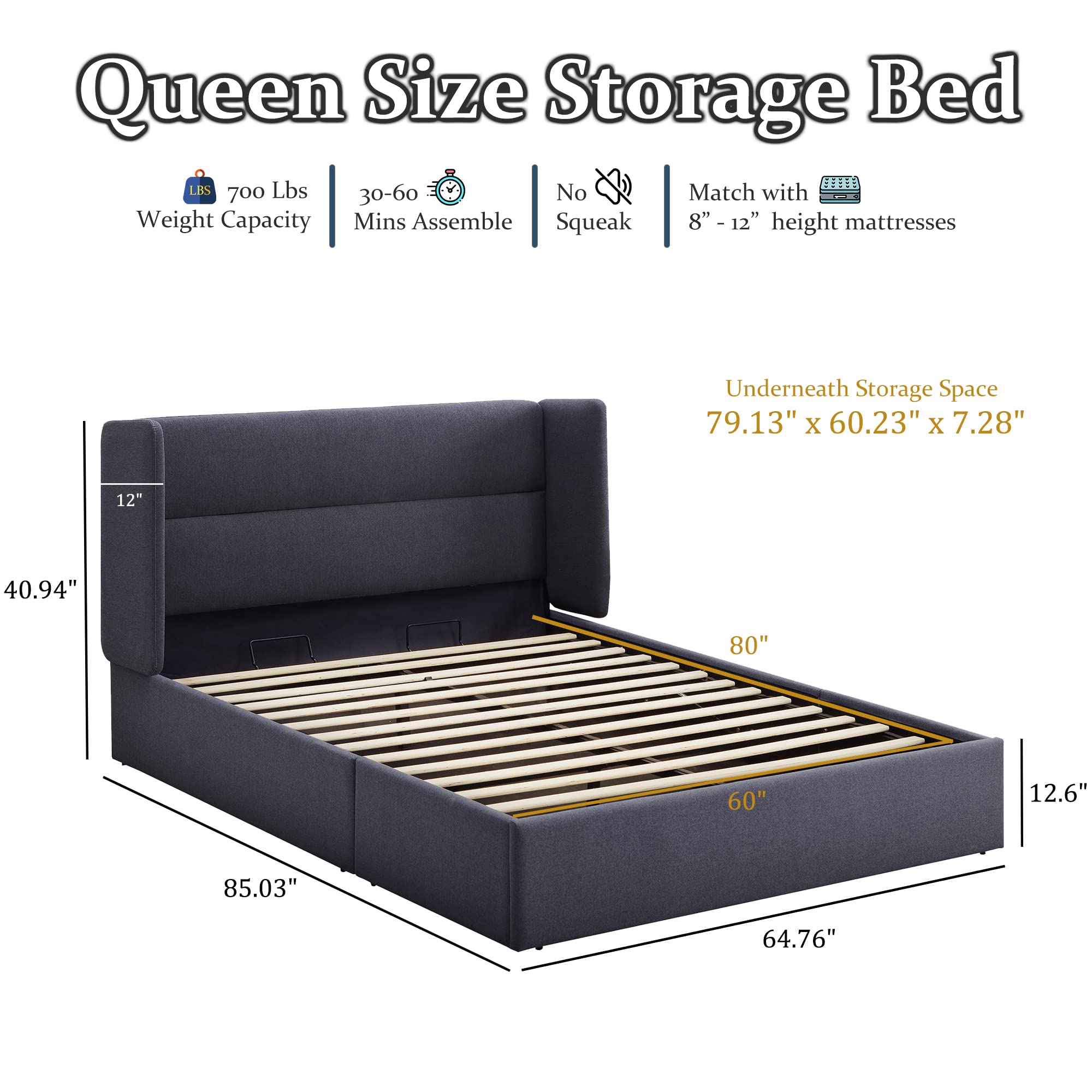 Zanmintaobo Queen Bed Frame with Storage, Upholstered Platform Bed with Lift up Hydraulic System, Linen Fabric Wingback Headboard, Wood Slats Support, Easy Assembly, No Box Spring Needed, Dark Grey