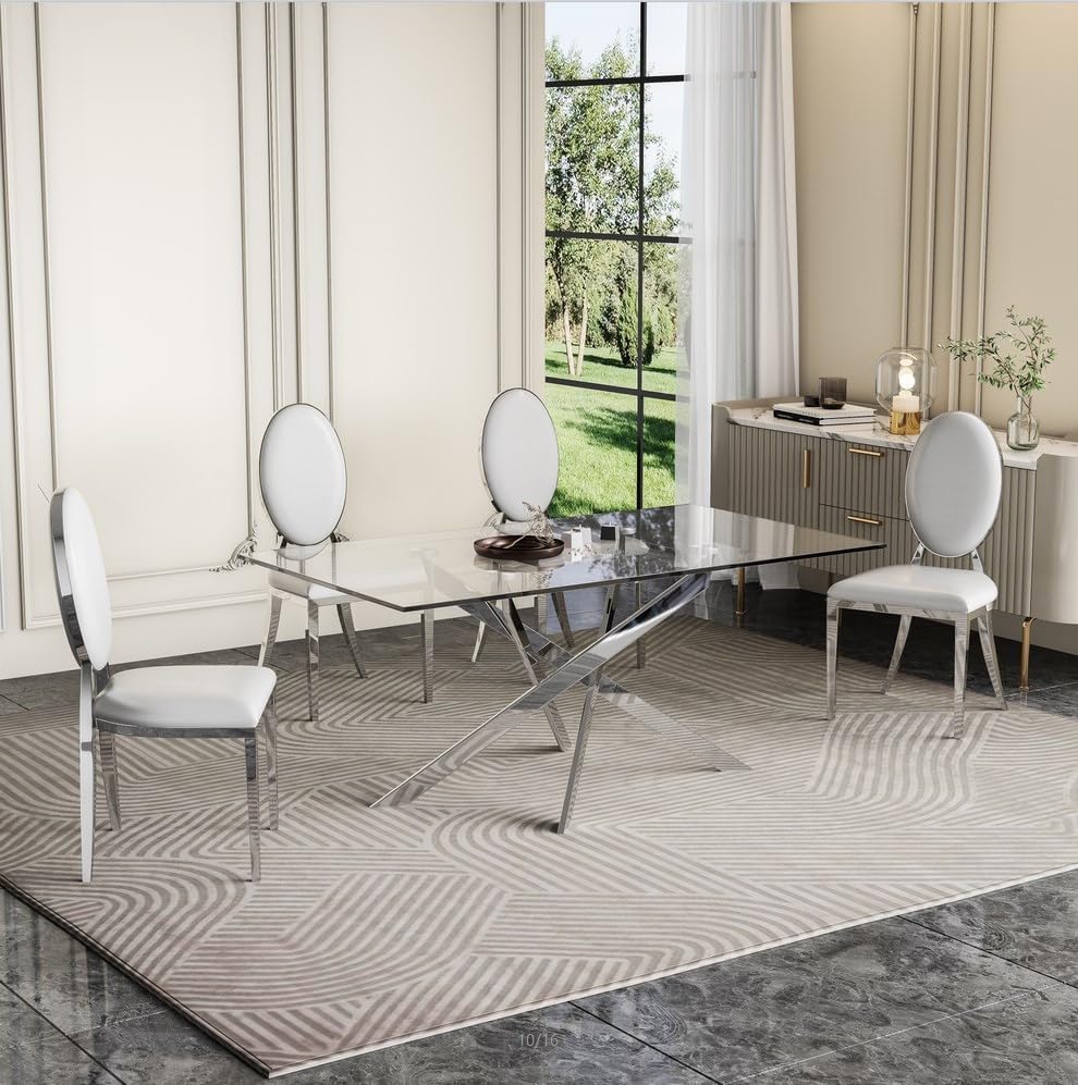 63" Glass Dining Table for 6, Rectangular Glass Dining Room Table with 0.39" Tempered Glasstop & Silver Stainless Steel Pedestal Base, Modern Dining Table for Kitchen Dining Living Room