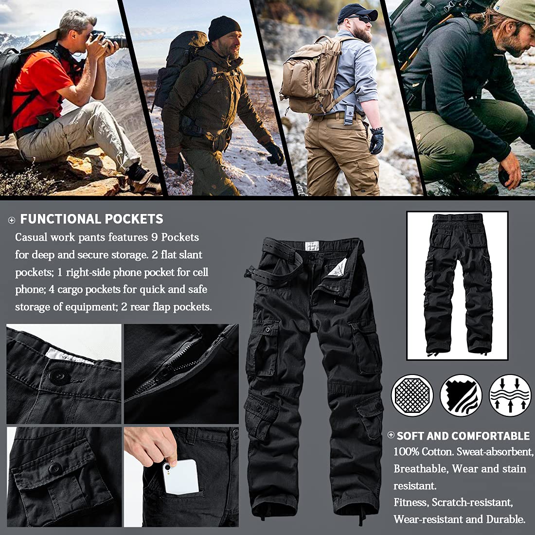 AKARMY Men's Casual Relaxed Fit Cargo Pants with Pockets, Outdoor Camo Cotton Work Pants for Men(No Belt) 3354 Black 36