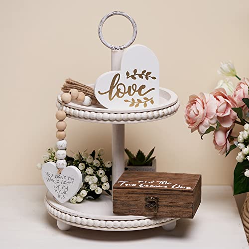 GenMous & Co. Rustic Wood Beaded 2 Tiered Tray Stand For Farmhouse Kitchen Table Decor, Rustic White Two Tiered Serving Tray For Food Fruits Cupcakes Display Coffee Bar Home Party Seasonal Decorations