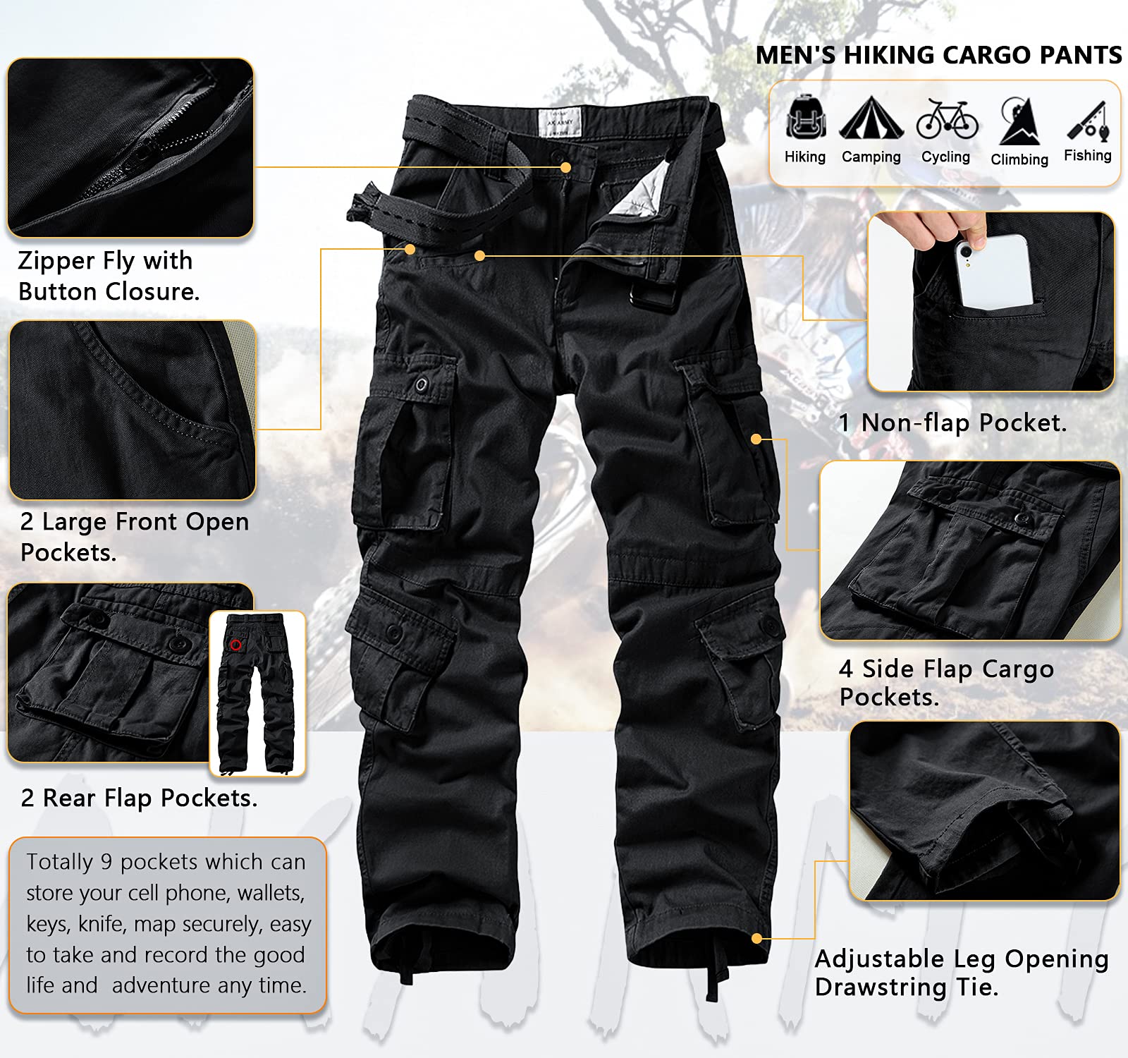 AKARMY Men's Casual Relaxed Fit Cargo Pants with Pockets, Outdoor Camo Cotton Work Pants for Men(No Belt) 3354 Black 36