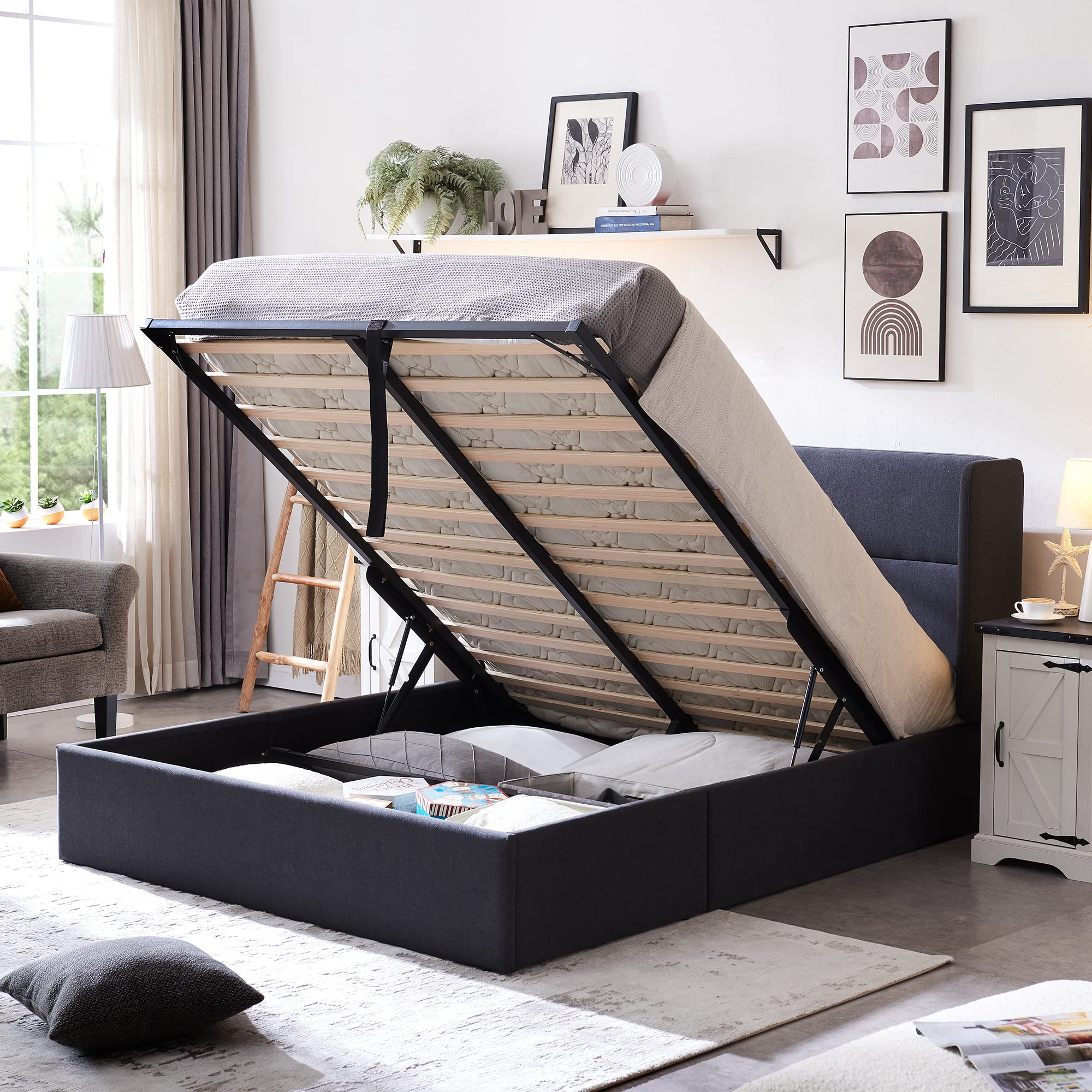 Zanmintaobo Queen Bed Frame with Storage, Upholstered Platform Bed with Lift up Hydraulic System, Linen Fabric Wingback Headboard, Wood Slats Support, Easy Assembly, No Box Spring Needed, Dark Grey