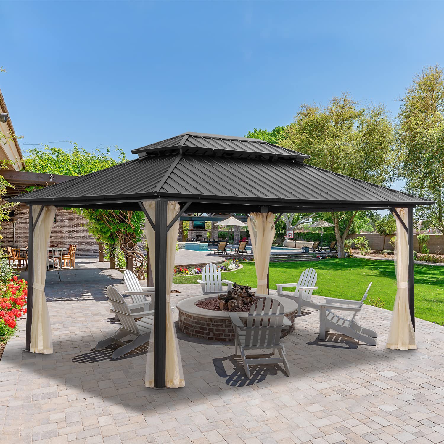 10X 12Ft Hardtop Gazebo Outdoor Gazebo Canopy Double Vented Roof Galvanized Steel Pergolas Aluminum Frame with Netting for Garden,Parties,Lawns and Patio