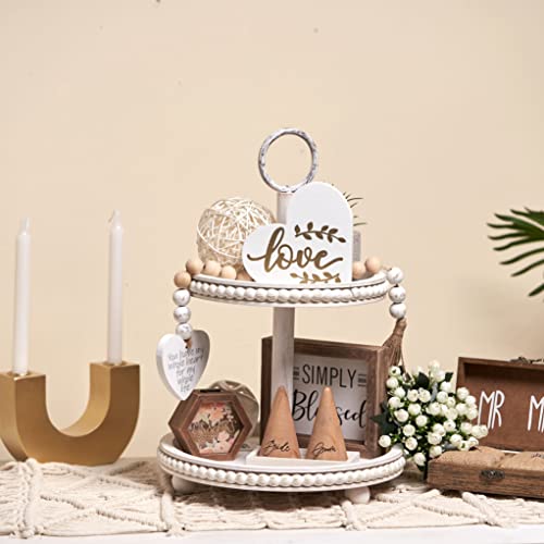 GenMous & Co. Rustic Wood Beaded 2 Tiered Tray Stand For Farmhouse Kitchen Table Decor, Rustic White Two Tiered Serving Tray For Food Fruits Cupcakes Display Coffee Bar Home Party Seasonal Decorations