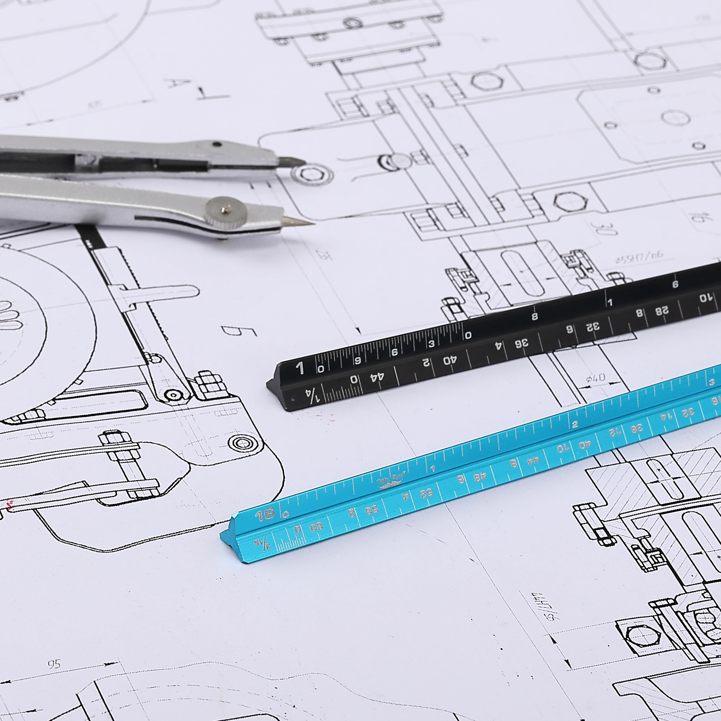 Mr. Pen- Small Architectural Scale Ruler, Aluminium, 6 Inch, 2 Pack, Black and Blue, Pocket Size Ruler, Triangle Ruler, Metal Ruler Set, Architect Scale Ruler for Blueprints
