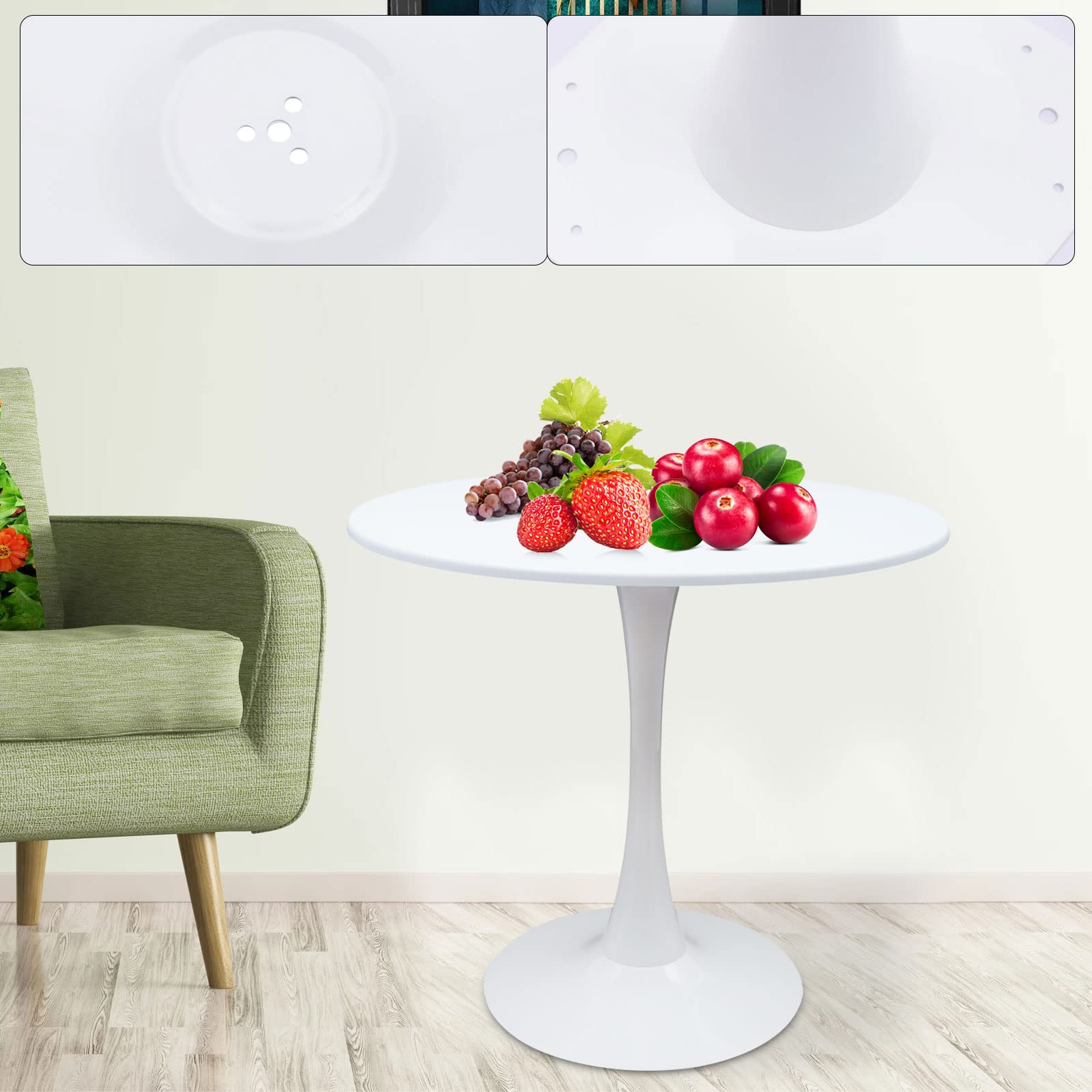 Gbonklong Mid-Century White Round Top Dining Table, 2-4 People with MDF Top and Pedestal Base, End Leisure Coffee Office Living Room Table