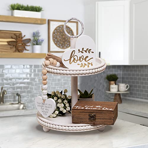 GenMous & Co. Rustic Wood Beaded 2 Tiered Tray Stand For Farmhouse Kitchen Table Decor, Rustic White Two Tiered Serving Tray For Food Fruits Cupcakes Display Coffee Bar Home Party Seasonal Decorations